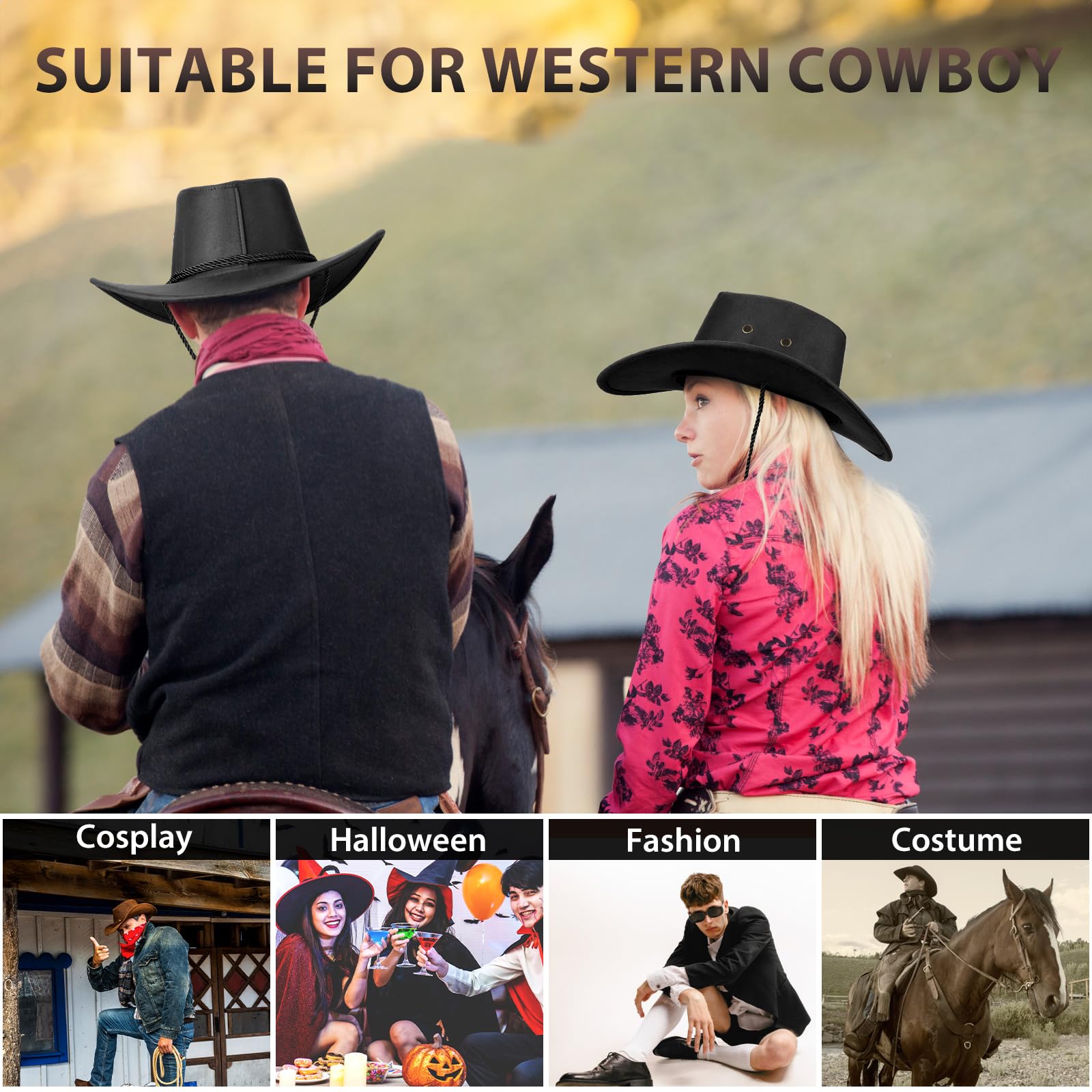 UwantC Mens Faux Felt Western Cowboy Hat Fedora Outdoor Wide Brim Hat with Strap Black