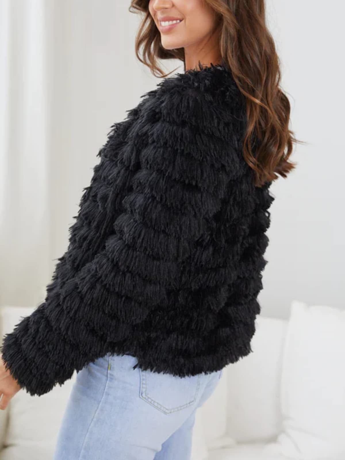 Womens Open Front Faux Fur Cardigan Vintage Parka Shaggy Jacket Coat Black X-Large
