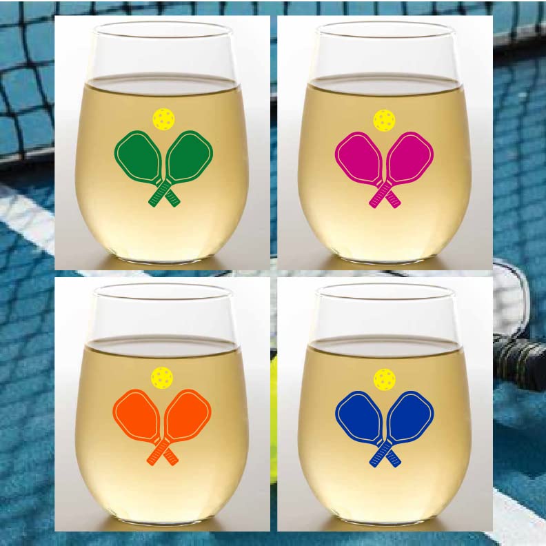Wine-Oh! Set of 4 Shatterproof CUSTOM 16 oz Plastic Wine Glasses MADE in the USA (PICKLEBALL)