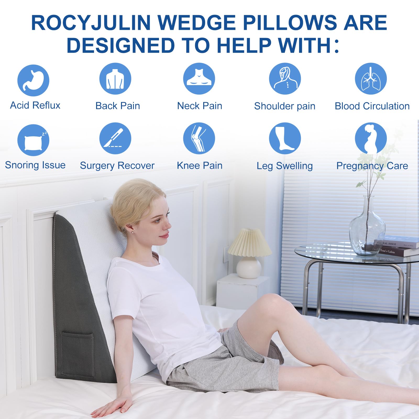 ROCYJULIN Bed Wedge Pillow for Sleeping, 10 Inch Memory Foam Incline Wedge Pillow, Triangle Elevated Wedge Pillow for After Surgery, Acid Reflux and Snoring, Black & White