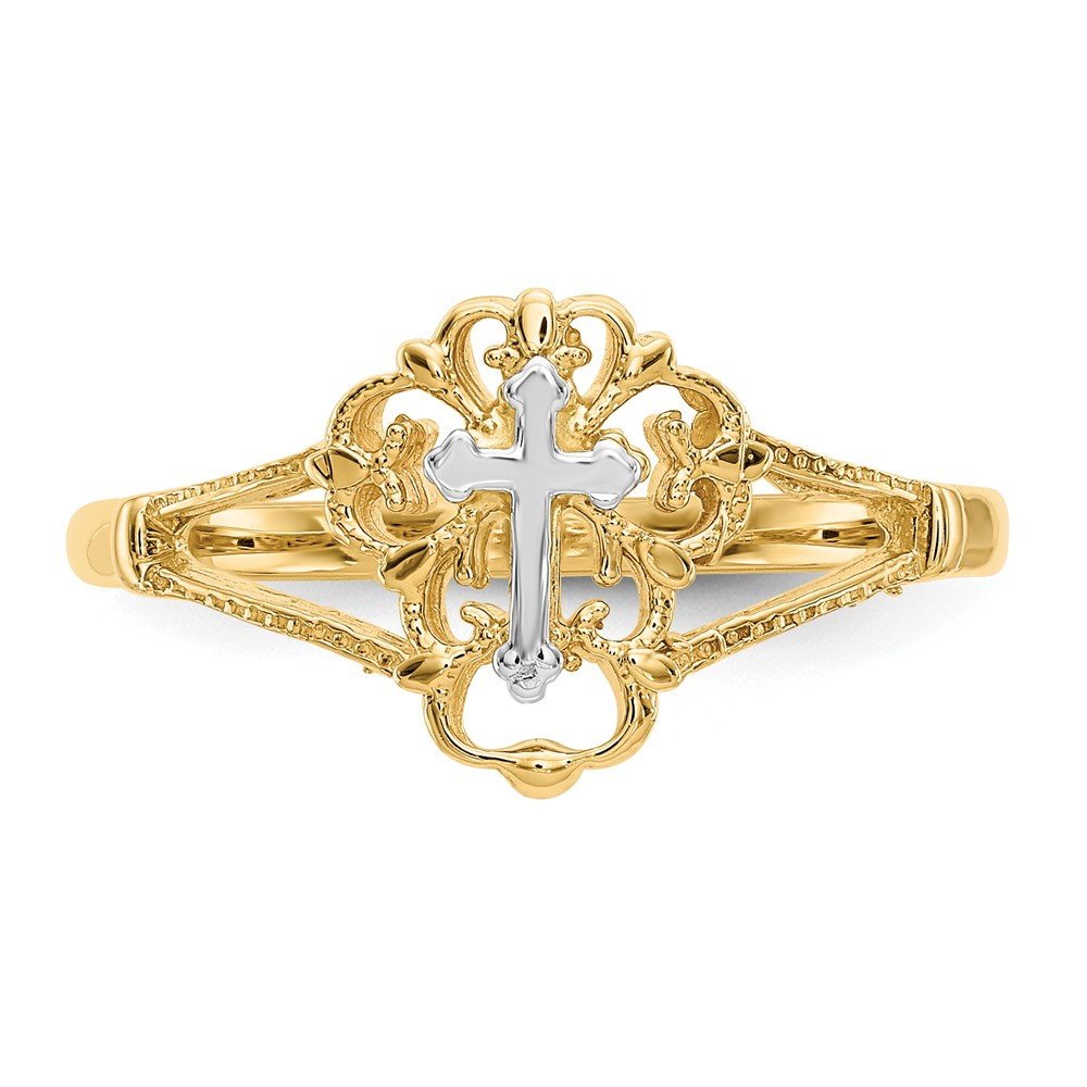 Size 7 - Solid 14k Gold Two-Tone Diamond-Cut Cross Ring (2mm)