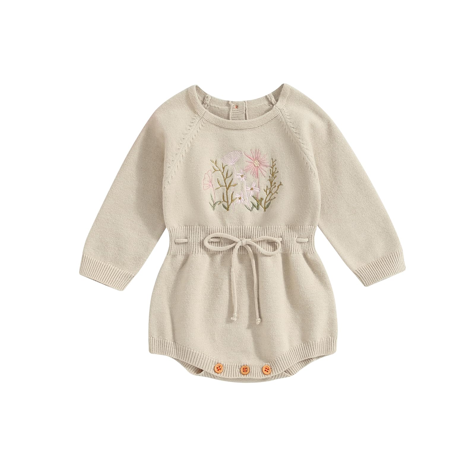 ZAXARRA Baby Girl Sweater Romper Baby Girl Knit Sweater Embroidery Flower Sweatshirt Romper Infant Fall Clothes (Apricot, 0-6 Months)