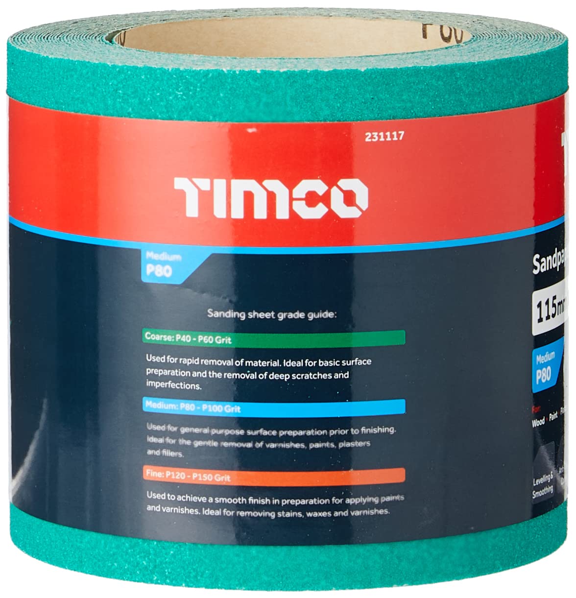 TIMCO 80 Grit Sandpaper Roll - Green -115mm x 10m