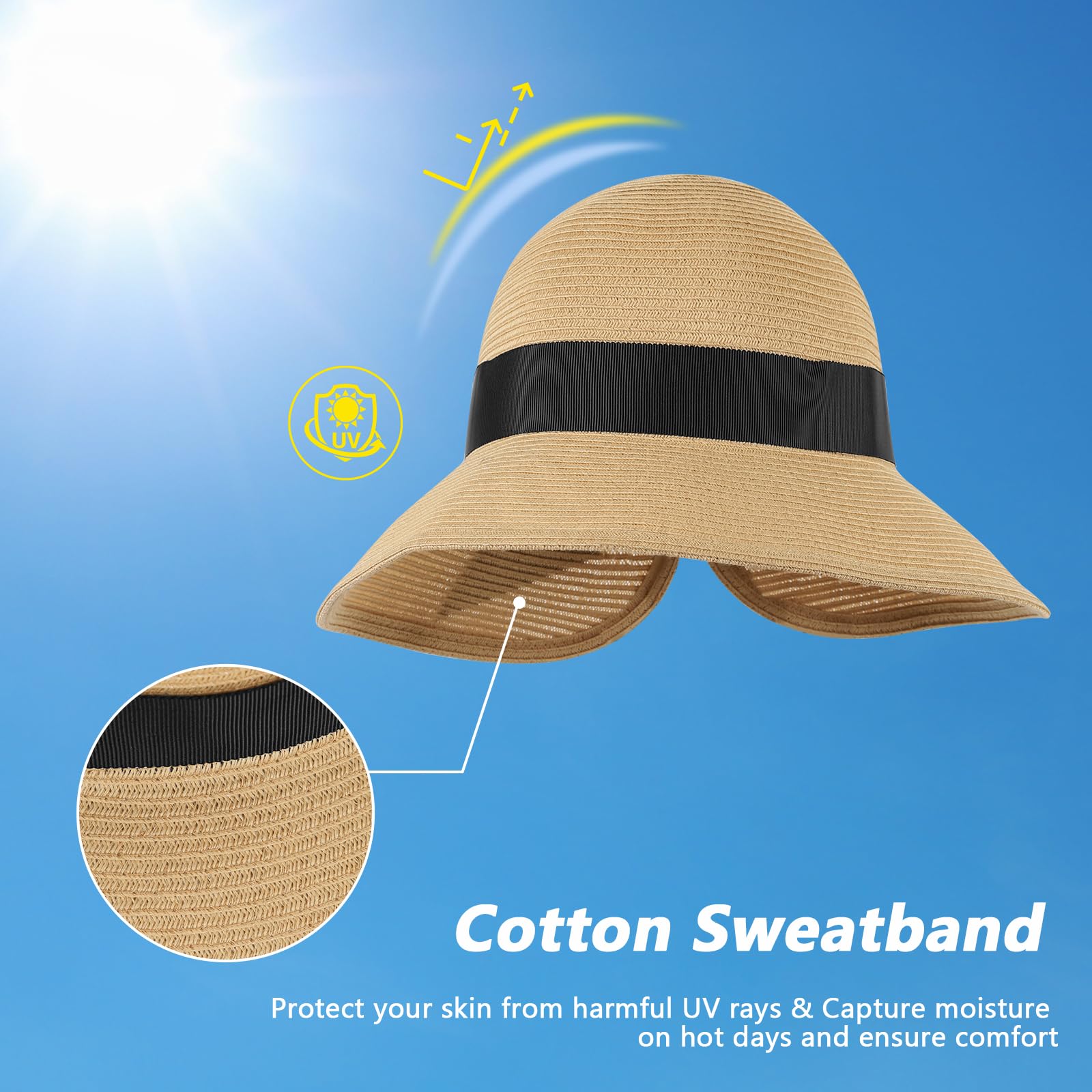 Womens Straw Hat Wide Brim Sun Hat for Women Summer Packable & Foldable Beach Straw Hat, UPF 50+, Adjustable Strap, Lightweight Brown