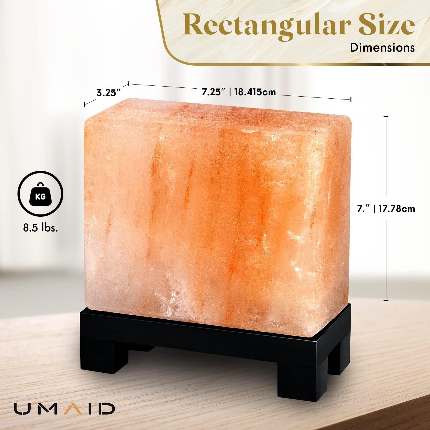 UMAID Himalayan Salt Lamp Rectangle, Salt Rock Lamp on Modern Wood Base, Night Light Bulb & Dimmable Cord, Natural Himalayan Pink Salt Lamp, Unique Home Decor, Zen Gifts, Spa & Meditation Accessories