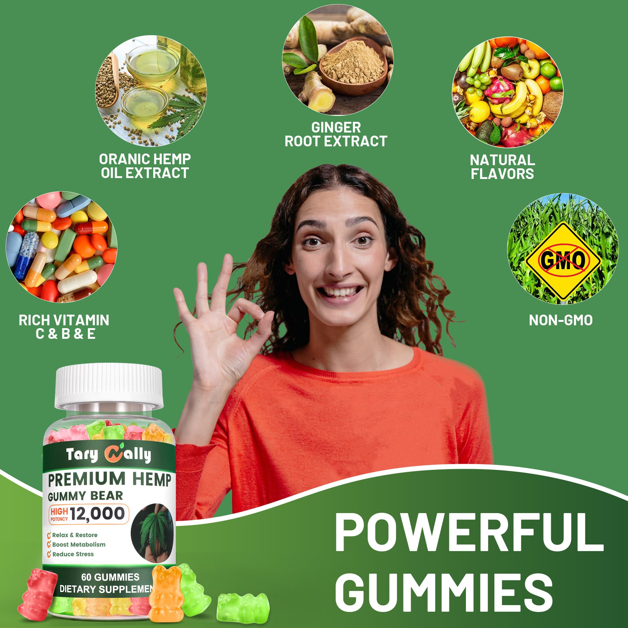 Tary Nally Hemp Gummies High Potency, Stress Relief Gummies Fruity Gummy Bear, Great for Peace & Relaxation, Vegan Low Sugar Gummies
