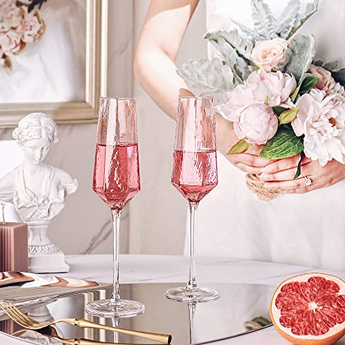 ziixon Crystal Champagne Flutes 8Oz Pink Wedding Champagne Glasses Classy Champagne Flutes Elegant Flutes Set of 4 for Wedding Anniversary Christmas (Pink)