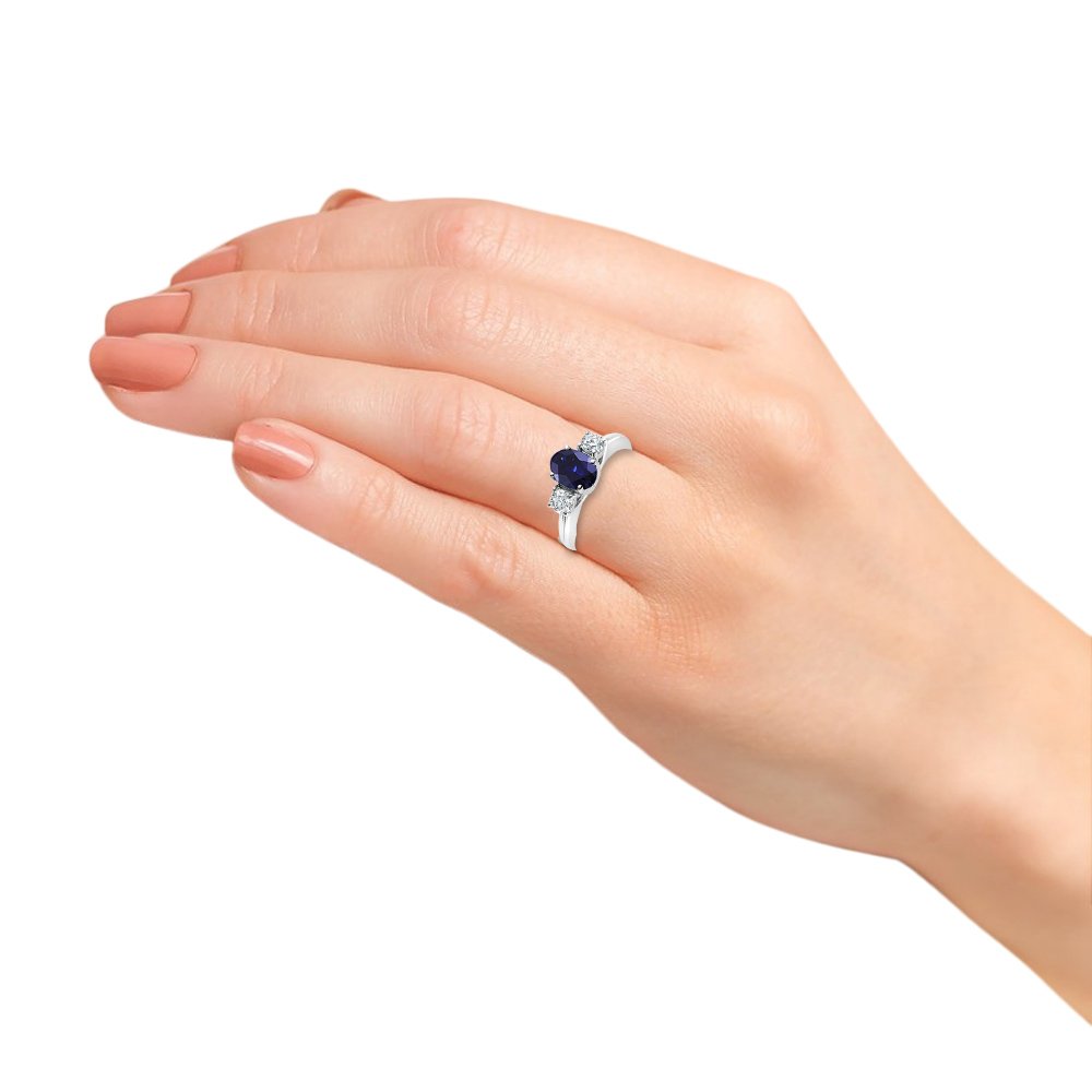 Voss+Agin Genuine Diamond (.15ctw) & Oval Sapphire (1.60ctw) 3 Stone Ring,Set in 14K White Gold (7)