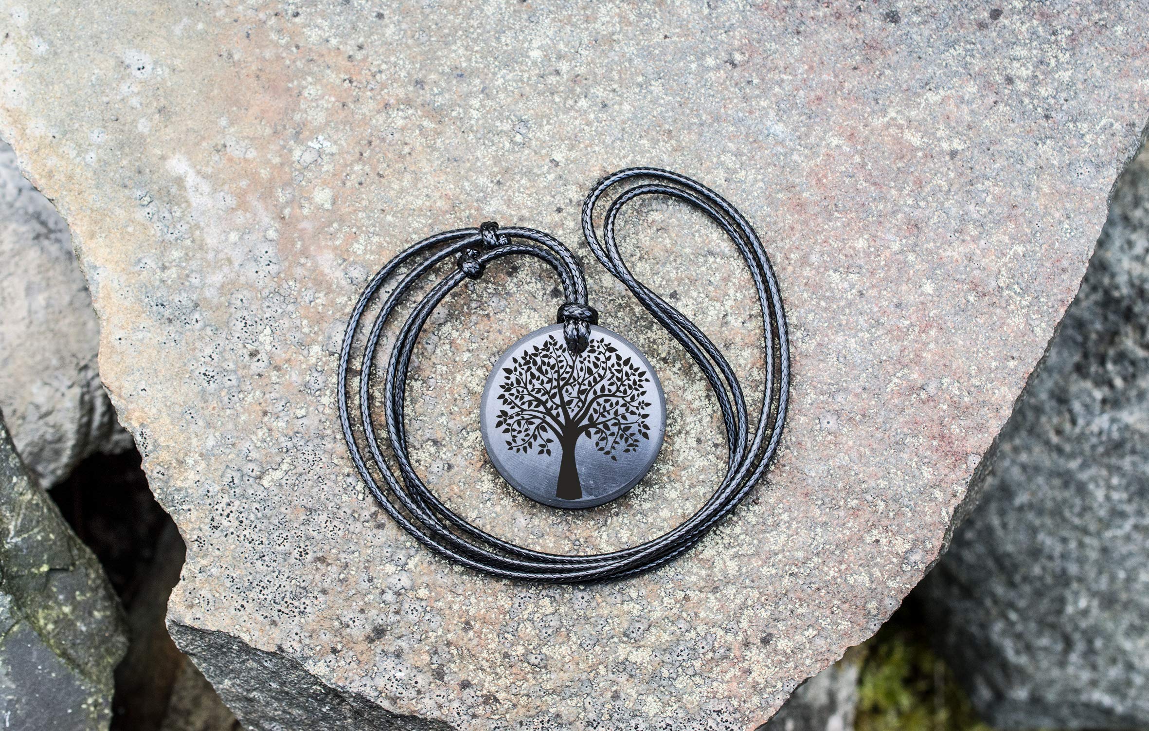 Wallystone Gems Shungite Pendant Engraving Sacred Geometry - Circle The Tree of Life