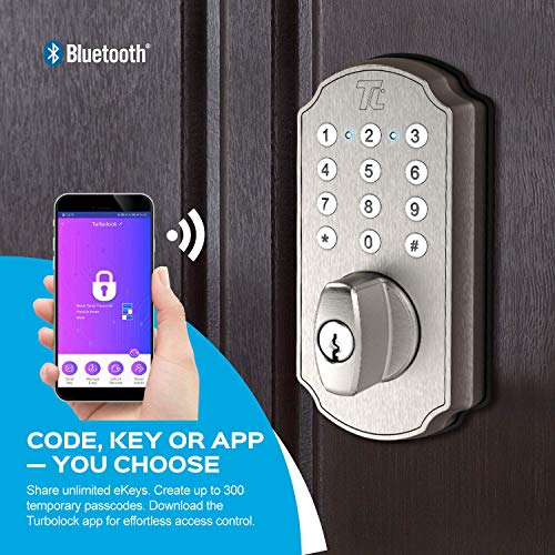 TURBOLOCK TL115 Smart Lock with Keypad and Voice Prompts | Digital Deadbolt w/App for Unlimited eKeys | Code Disguise, Backup Keys + Micro-USB Port β Ready for Thicker Doors (IP65) (Brushed Nickel)
