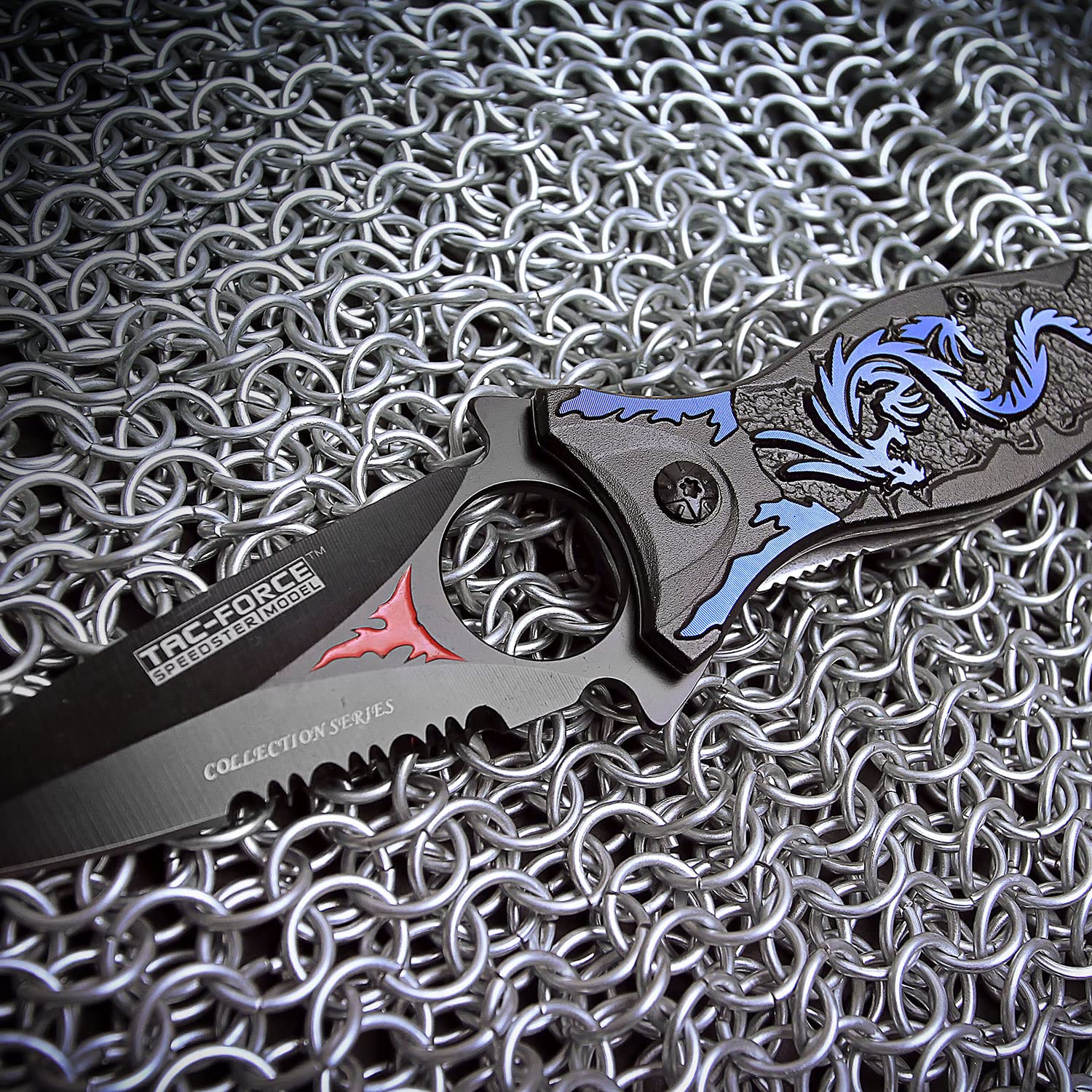 TAC FORCE Spring Assisted Folding Pocket Knife โ Black Partially Serrated Blade, Black Aluminum Handle w/ Blue Dragon Design, Glass Punch and Pocket Clip, Tactical, EDC, Rescue - TF-707BL