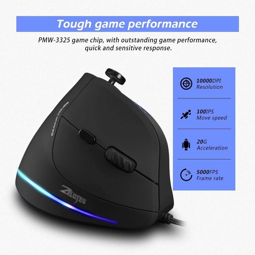 Vertical Mouse Wired Mouse Ergonomic RBG Gaming Upright Optical Mice with 11 Programmable Buttons 5-Way Rocker 10000 Max DPI Gaming Mouse for Gamer/PC/Laptop/Computer