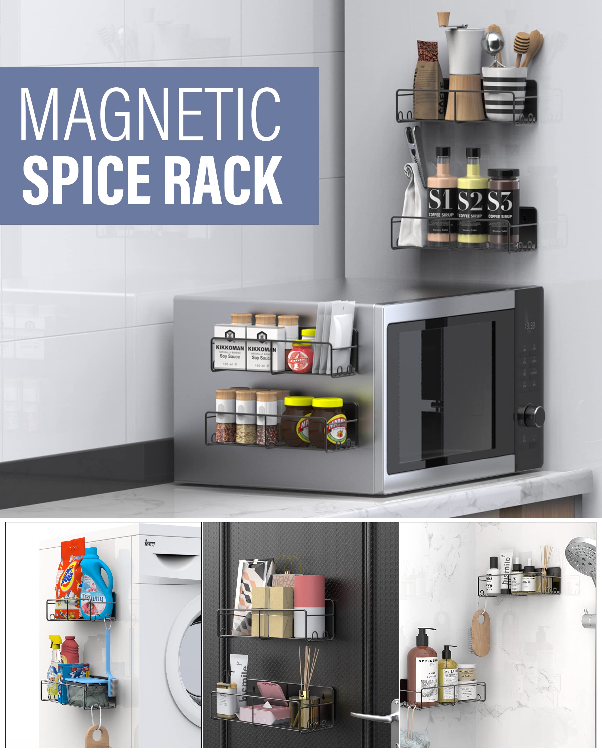 XHENEEB Magnetic Spice Rack for Refrigerator 4 Pack Magnetic Spice Rack Fridge Organizers and Storage Metal Magnetic Shelf