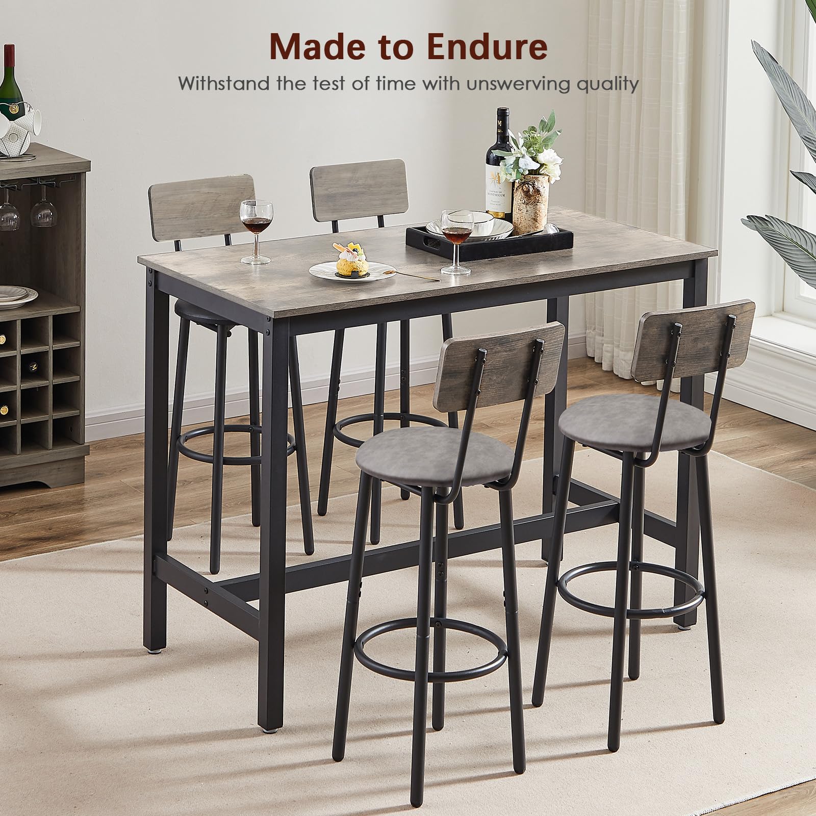 Tatub Bar Table and Chairs Set of 4, Bar Set with Stools for Kitchen, Gray