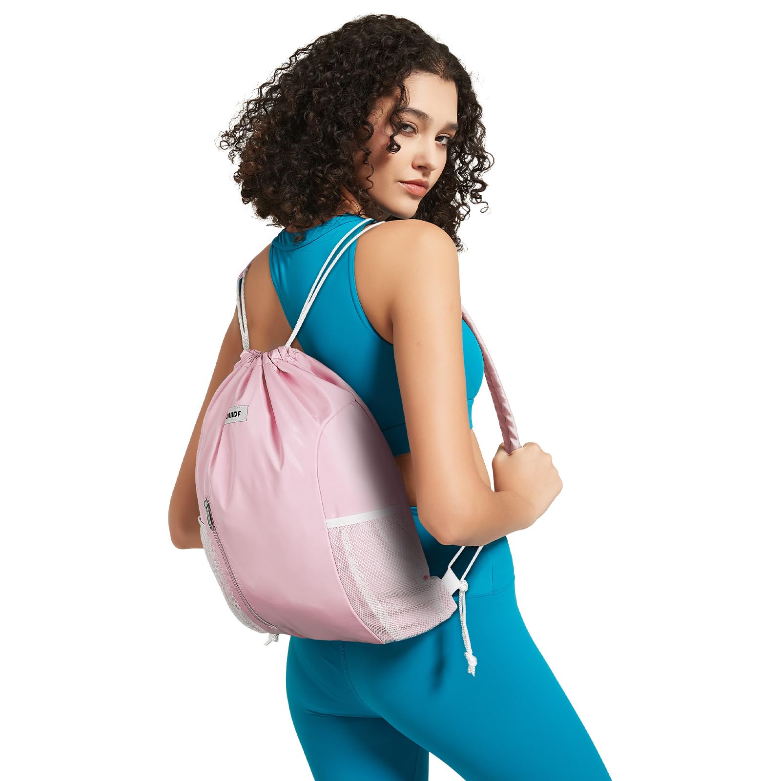 WANDF Drawstring Backpack with Shoulder Pad Sports Gym Backpack with Mesh Pocket String Bag for Women Men(Pink)