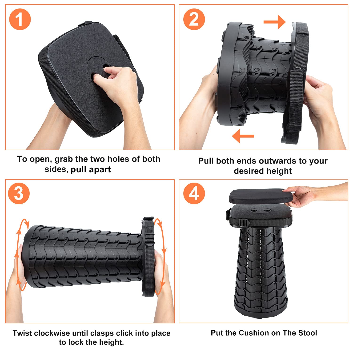 Tiovo Folding Camping Stool, Square Collapsible Portable Stool with Seat Cushion & Nylon Bag, Sturdy Lightweight Telescoping Foldable Stool for Adults Camp, Max Load 550lb (Black)