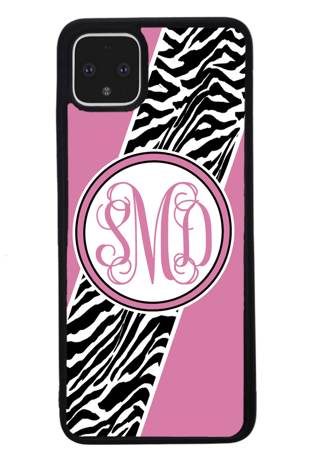 Zebra Animal Skin Pink Script Monogram Black Rubber Phone Case Compatible With Google Pixel 8 Pro, 8a, 8, 7a, 7, Pixel 7 Pro, 6a, Pixel 6 Pro, 6, 5, 4a 5G, 4a 4G, 4, 4 XL, 3a, 3a XL, 3, 3 XL, 2