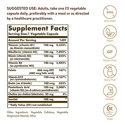 Solgar B-Complex "100", 250 Vegetable Capsules - Heart Health - Nervous System- Supports Energy Metabolism - Non-GMO, Vegan, Gluten / Dairy Free, Kosher, Halal - 250 Servings