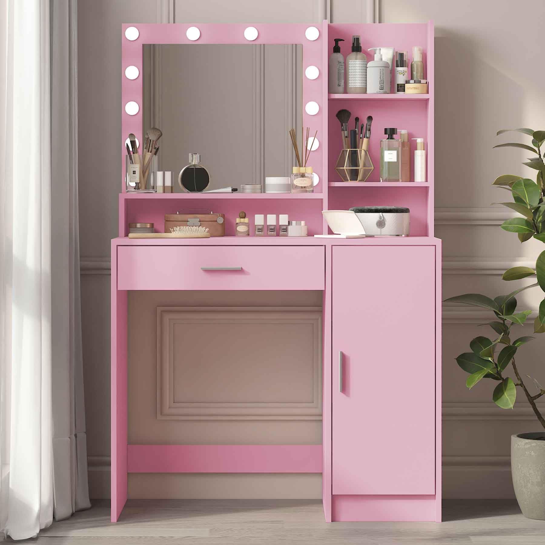 Vanity Desk with Mirror & Light, Large Drawer & Three Level Storage Dresser, 3 Lighting Modes Adjustable Brightness, Bedroom Dressing Table (Pink)