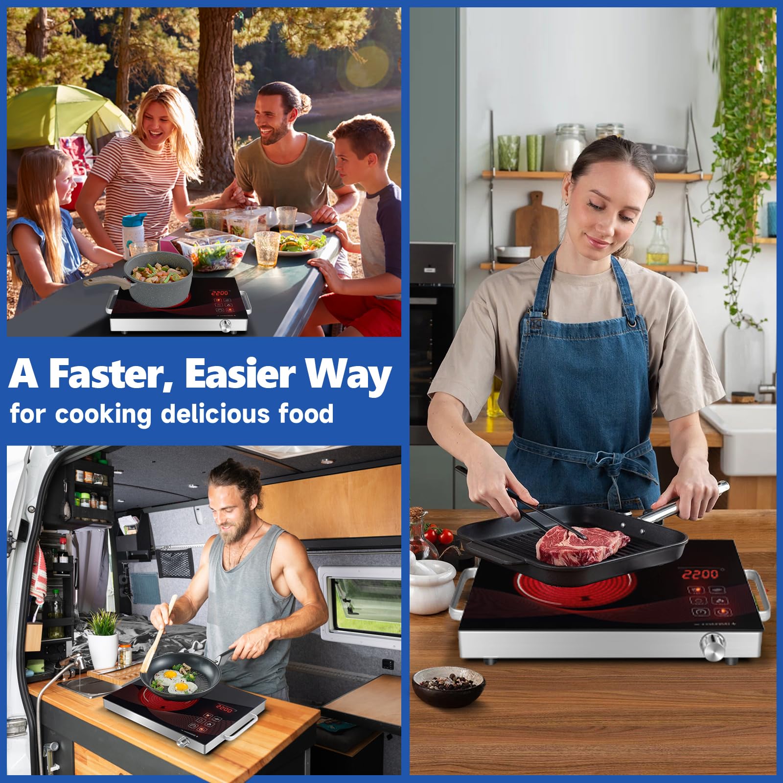 SizzleCook Infrared Single Burner Electric Stove, Portable Small Counter Top Hot Plate for Cooking, 2200W Ceramic Glass Infrared Burner with Touchscreen LCD Display