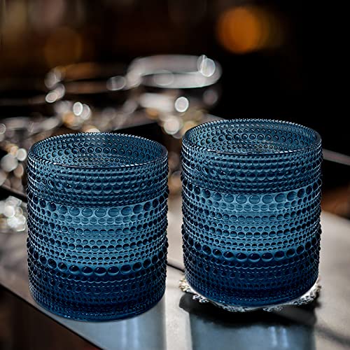UPZAI 12oz Vintage Drinking Glasses Set of 4, Kitchen Glassware Old Fashioned Glass Cups, Aesthetic Water Cups for Beside Beverage Juice Coffee Beer Cocktail Whiskey (Blue)