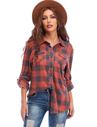 Women Cuffed Long Sleeve Boyfriend Button Down Plaid Flannel Shirt