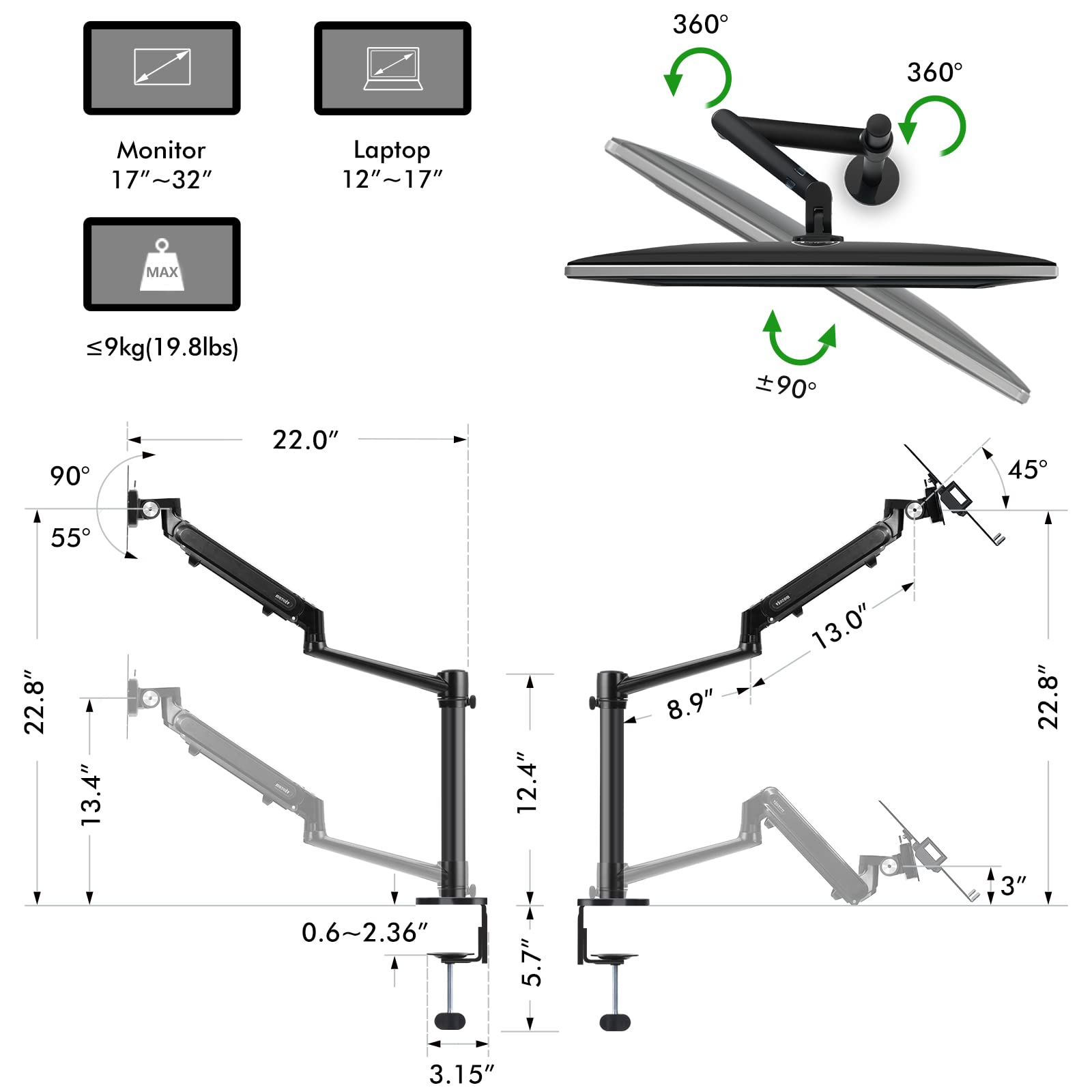 Viozon Monitor/Laptop Mount, Single Gas Spring Arm Desk Stand/Holder for 17-32" Computer Monitor, Extra Laptop Tray Fits 12-17" Laptops/Notebook(1S-Prob)