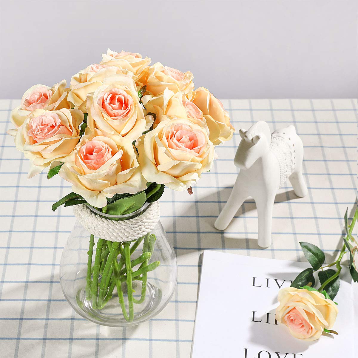 Tifuly 12Pcs Champagne Rose Artificial Flower, Realistic Single Stem Fake Silk Rose Bouquet for Wedding Party Home Centerpiece Hotel Office Decor