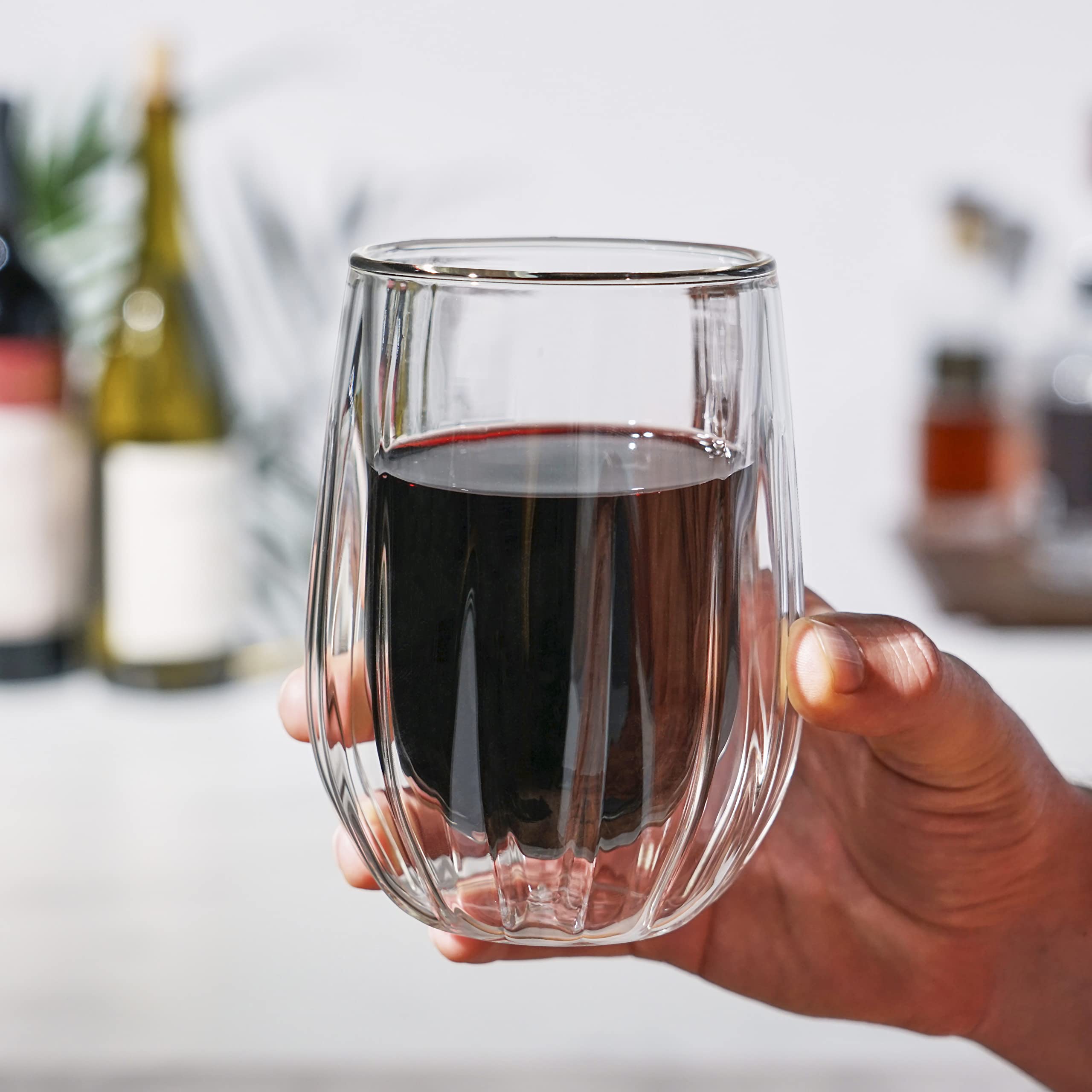 Viski Insulated Double Walled Wine Set with Cut Crystal Design-Dishwasher Safe Borosilicate Glass 13oz Set of 2, Clear