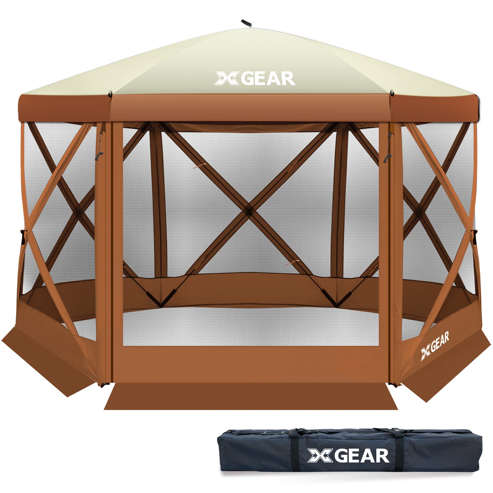 XGEAR 6 Sided Pop Up Camping Gazebo 11.5βx11.5β Instant Canopy Tent Sun Shelter Screen House with Mosquito Netting, for Patio, Backyard, Outdoor,Brown
