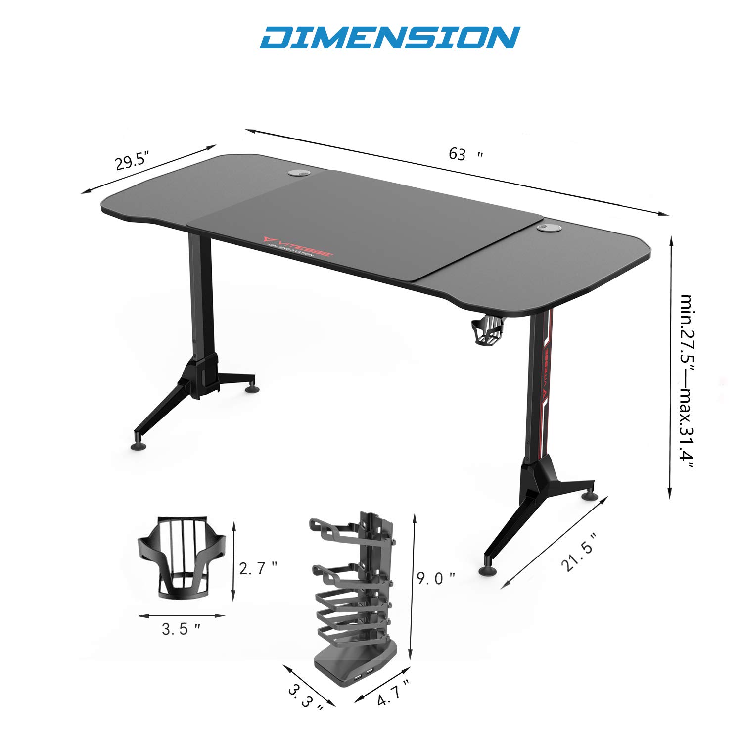 VIT 63 Inch Ergonomic Gaming Desk, T Shaped Office PC Computer Desk with Full Desk Mouse Pad, Gamer Tables Pro with USB Gaming Handle Rack, Stand Cup Holder&Headphone Hook, Carbon Black