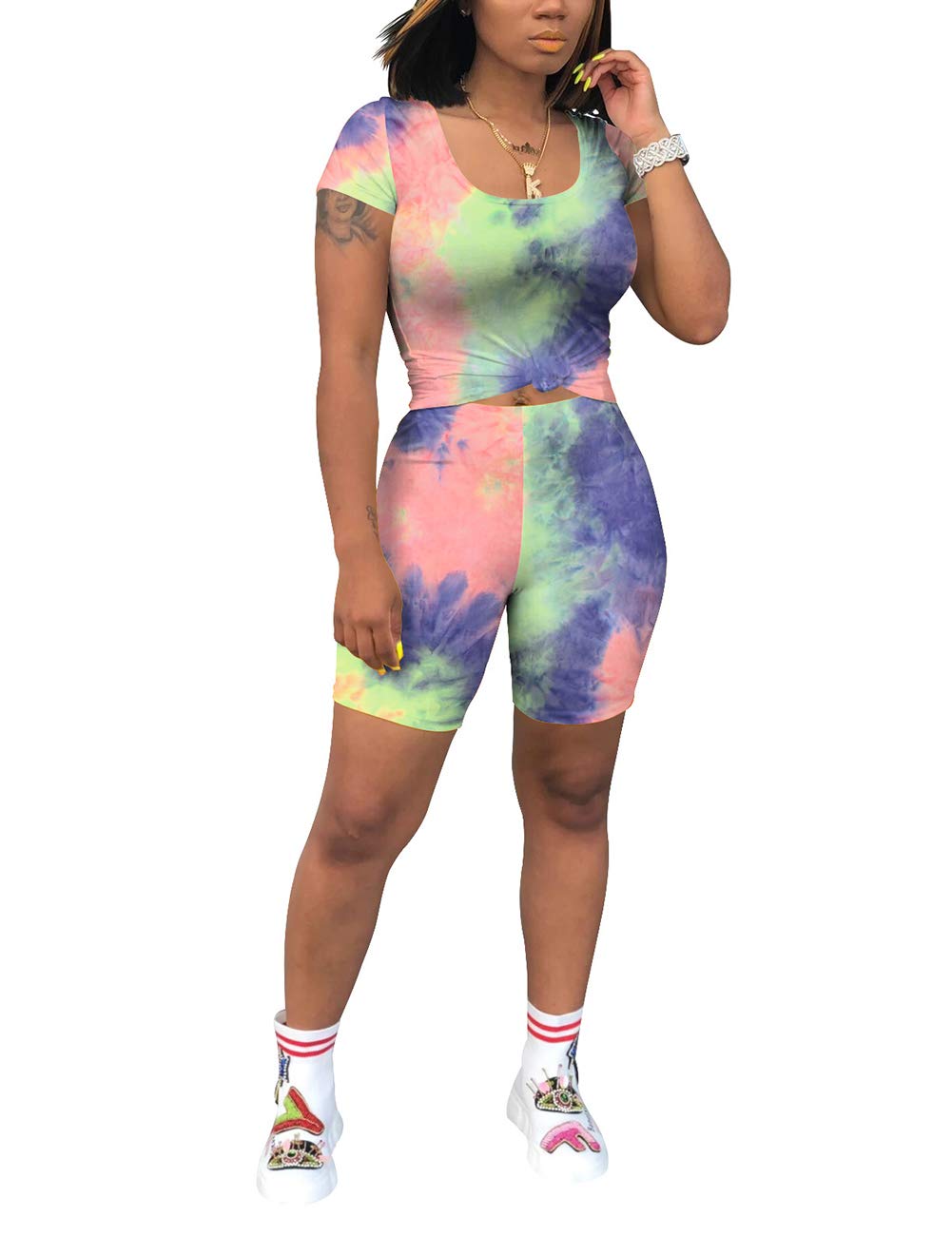 XIEERDUO Women Two Piece Tie Dye Outfits Sexy Workout Shorts Tracksuit Sets XL