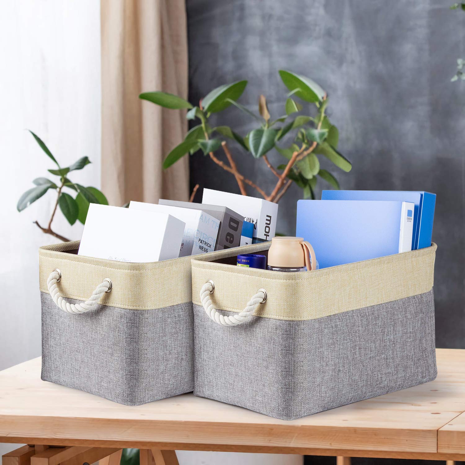 Univivi 4-Pack Storage Large Basket Set Foldable Storage Bins with PU Handles Rectangle Fabric Organizer Bins (Rope Handles-Gray, 15 Inch)