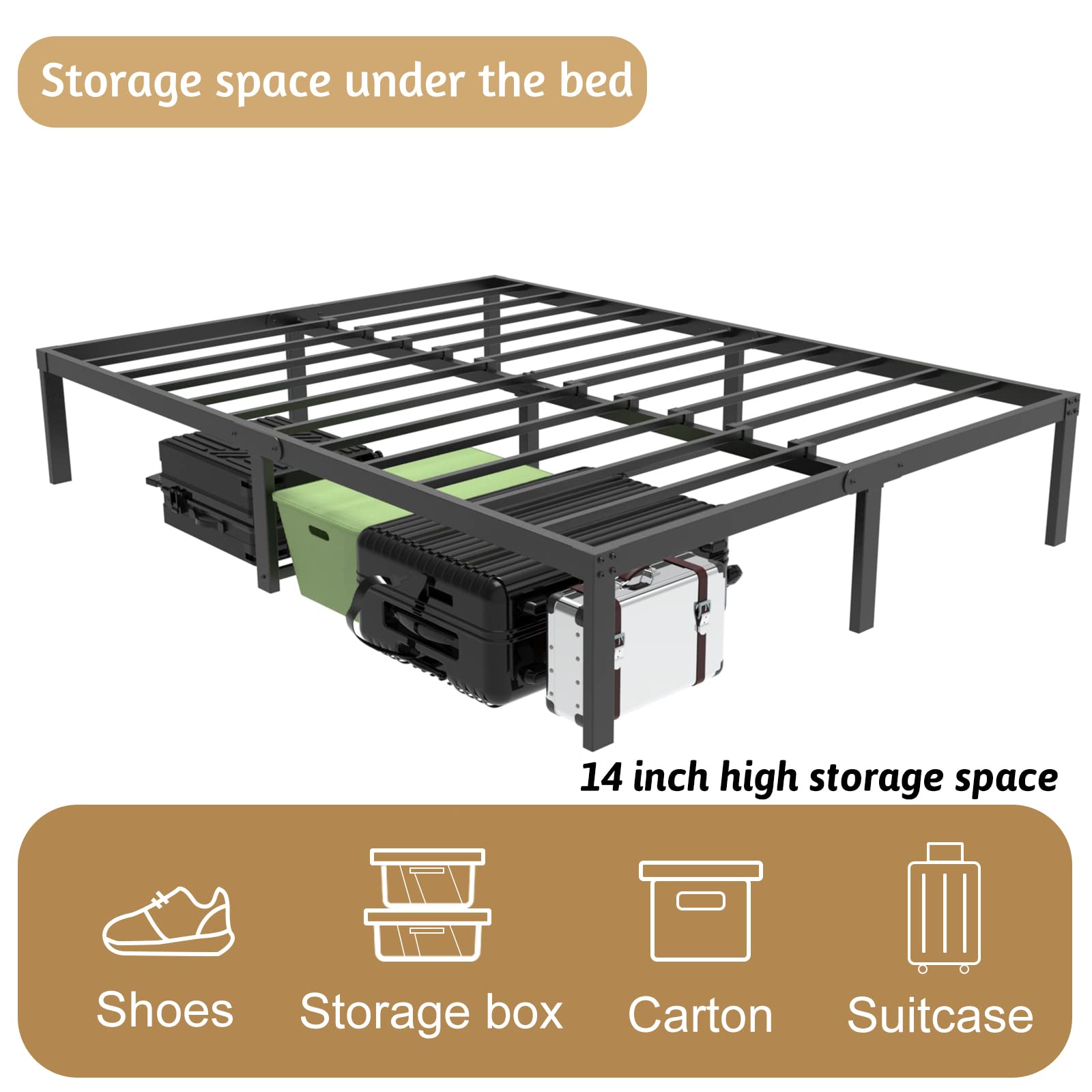 rosyclo Queen Bed Frame, 14 Inch Heavy Duty Mattress Foundation Metal Platform Bed Frames No Box Spring Needed, Sturdy Steel Frame, Underbed Storage (14 Inch, Queen)