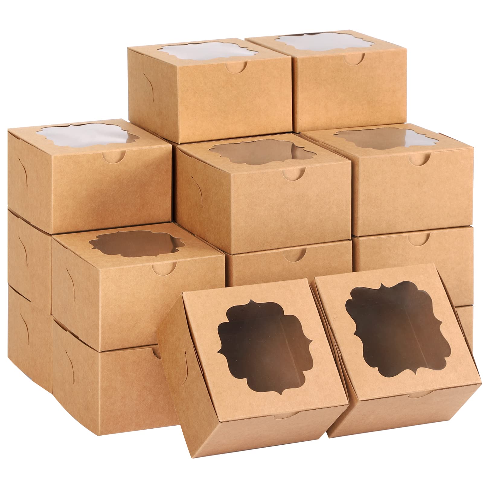 TOMNK 60pcs 4 Inches Brown Bakery Boxes Small Cookie Boxes Kraft Baking Boxes with 2 Style Windows for Strawberries Chocolate Dessert Treat Candy Donuts Mini Cake and Party Favor 4x4x2.5 Inches