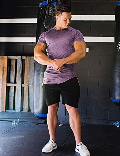 URRU Men's 2 Pack Quick Dry Workout T-Shirts Compression Athletic Baselayer Tee Gym Training Tops, Black/Purple S