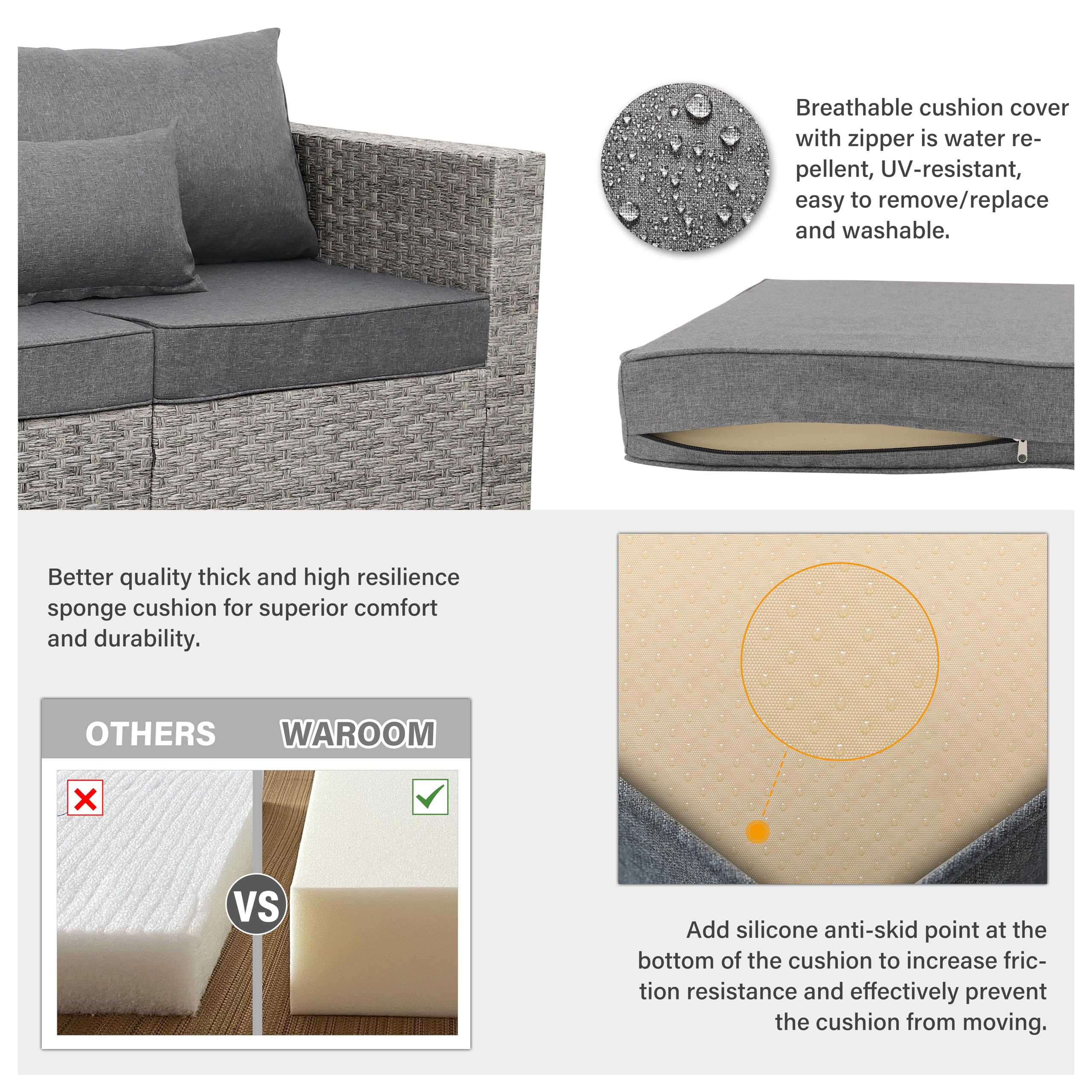 WAROOM Patio Furniture Set Gray Rattan 7 Pieces Outdoor Sectional Sofa PE Wicker Conversation Chairs with Storage Table and Non-Slip Thick Grey Cushion