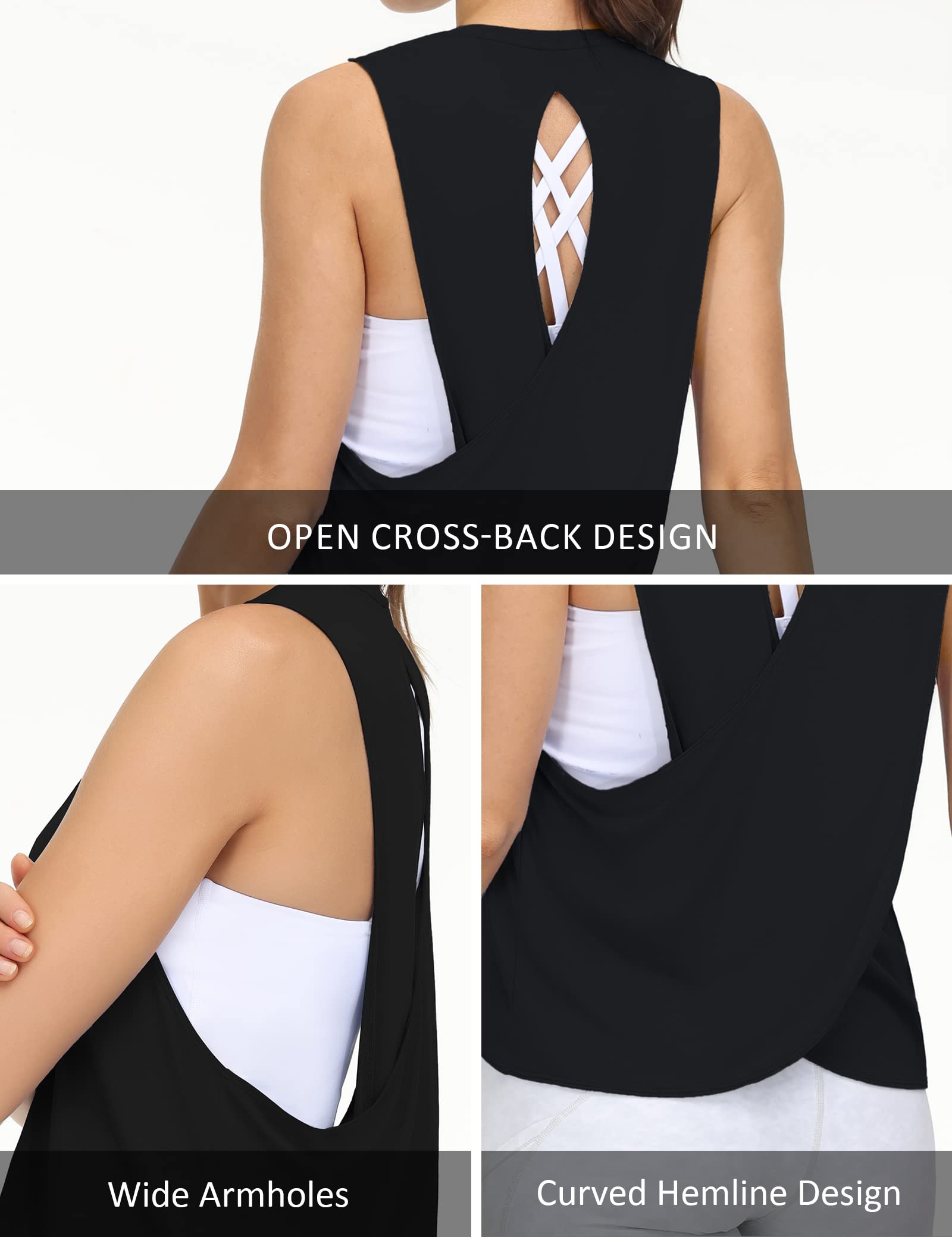 THE GYM PEOPLE Women's Open Cross Back Workout Tank Tops Loose Fit Sleeveless Yoga Running Shirts Black