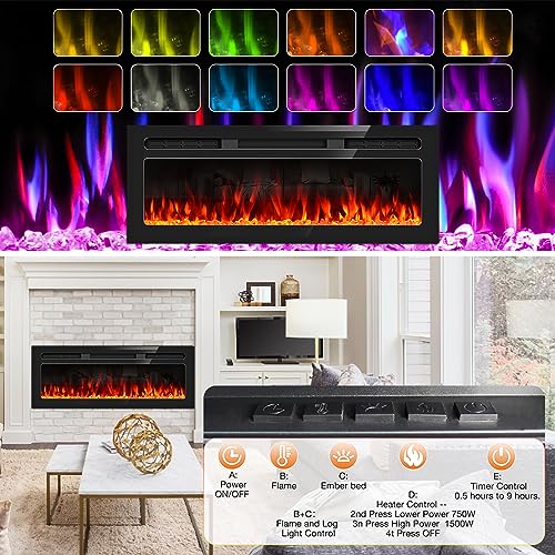 Upesitom 31" Electric Fireplace Recessed and Wall Mounted Fireplace Heater Inserts, Mirrored Led Fireplace Heater with Remote Control, Timer, Adjustable 12 Flame Color, 750/1500W, Black