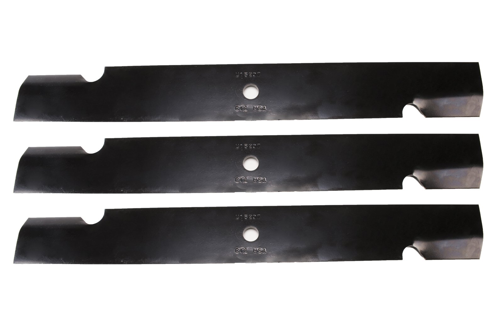 USA Mower Blades U15207BP (3) High-Lift for Exmark 1-613112 1-613250 613250 Length 20-1/2 in. Width 2-1/2 in. Thickness .200 in. Center Hole 5/8 in. 60 in. 61 in. Deck