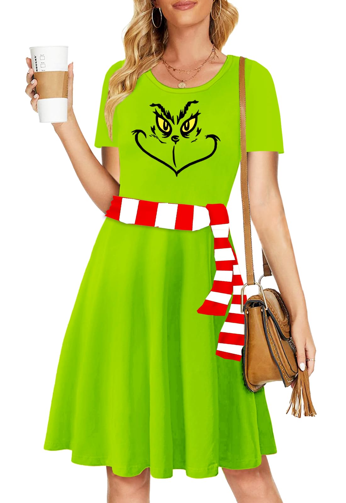 Women's Green Monster Dresses Ugly Christmas Costume Short Sleeve Casual Swing Dresses 2XL