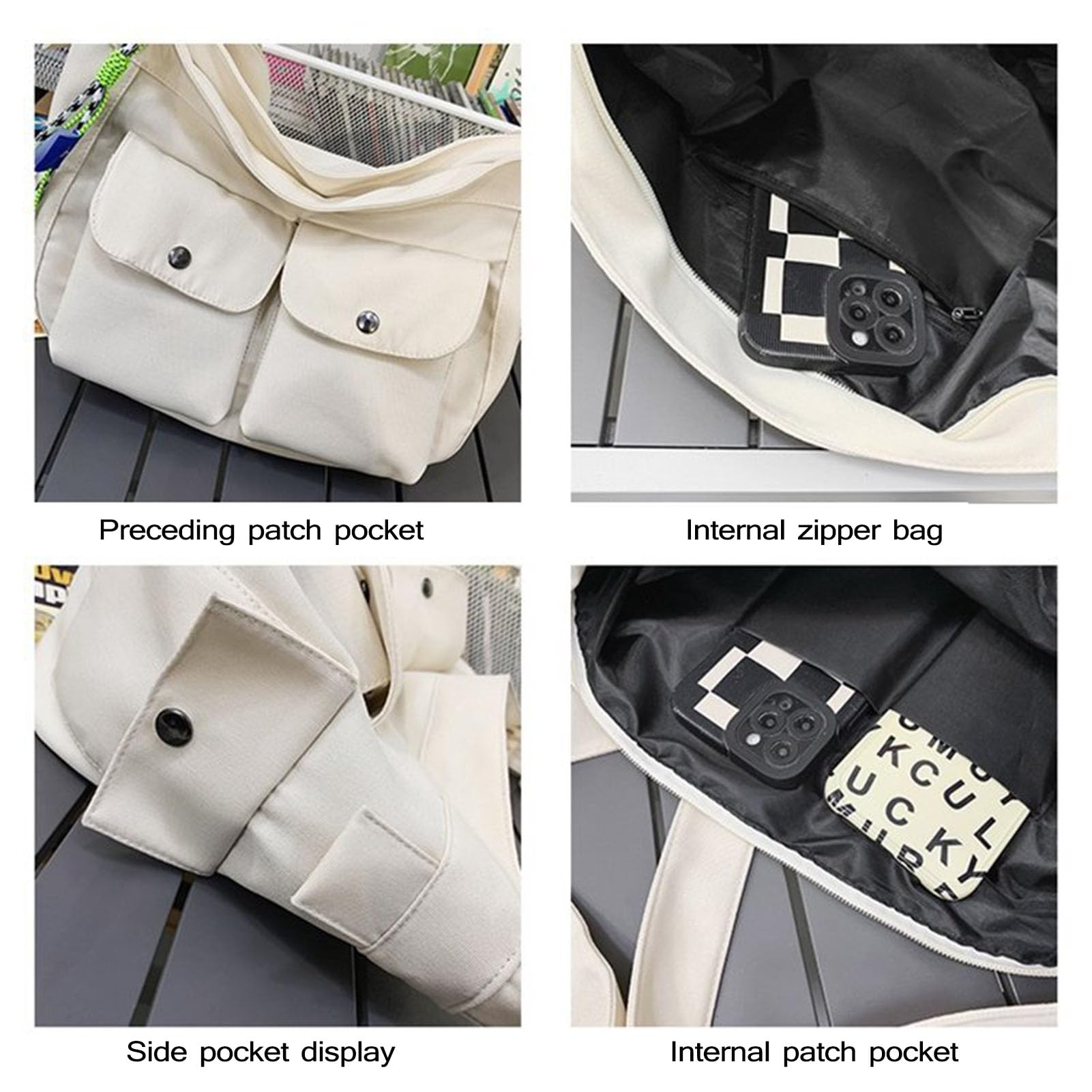 Womens Messenger Bag Crossbody Large Men Shoulder Bag with Cute Ornament Canvas Bag with Multiple Pockets Casual Satchel Bag (A-White)