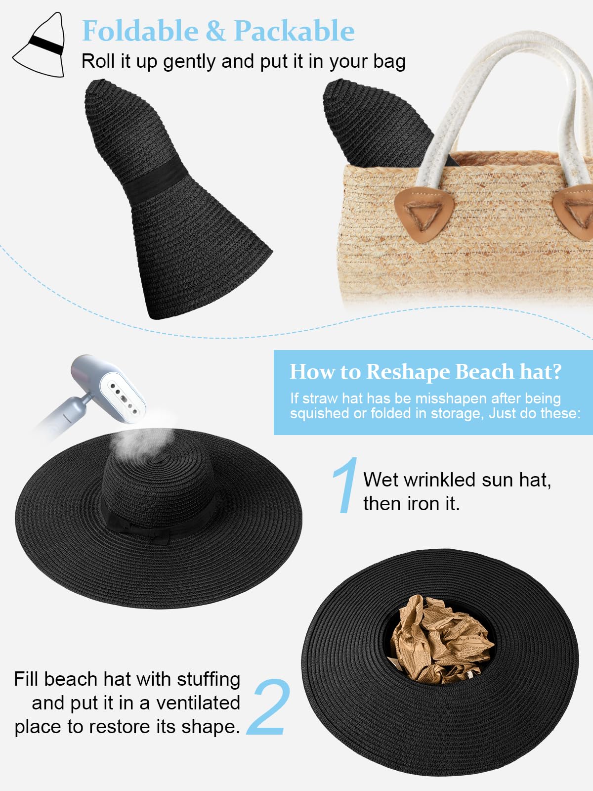 Womens Sun Hat UV Protection Wide Brim Beach Hat Floppy Foldable Roll-Up Straw Hats for Women UPF 50 Black