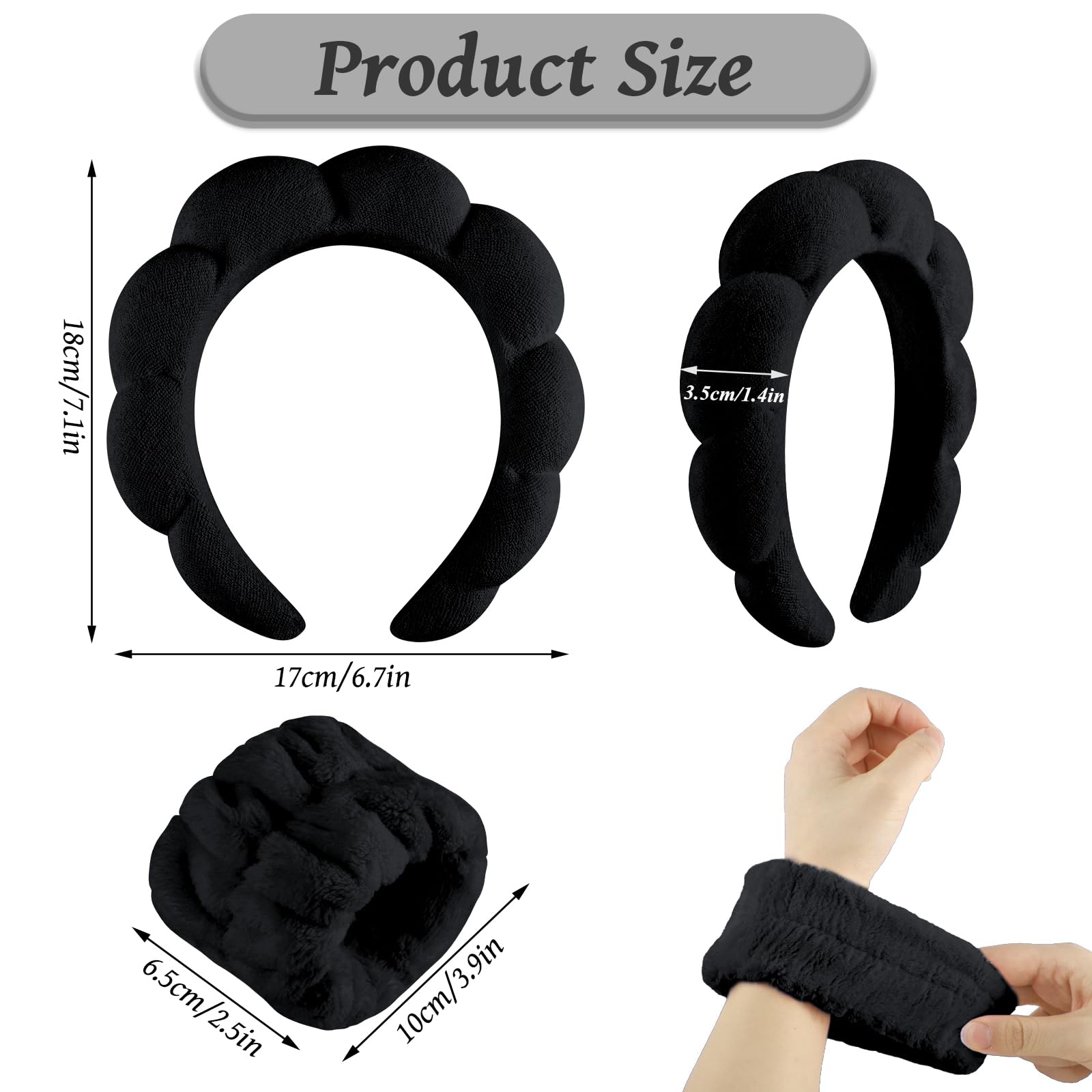 Sponge Spa Headband for Women, Black Makeup Headband and Wrist Washband Set for Face Washing, Skincare, Shower, Makeup Removal