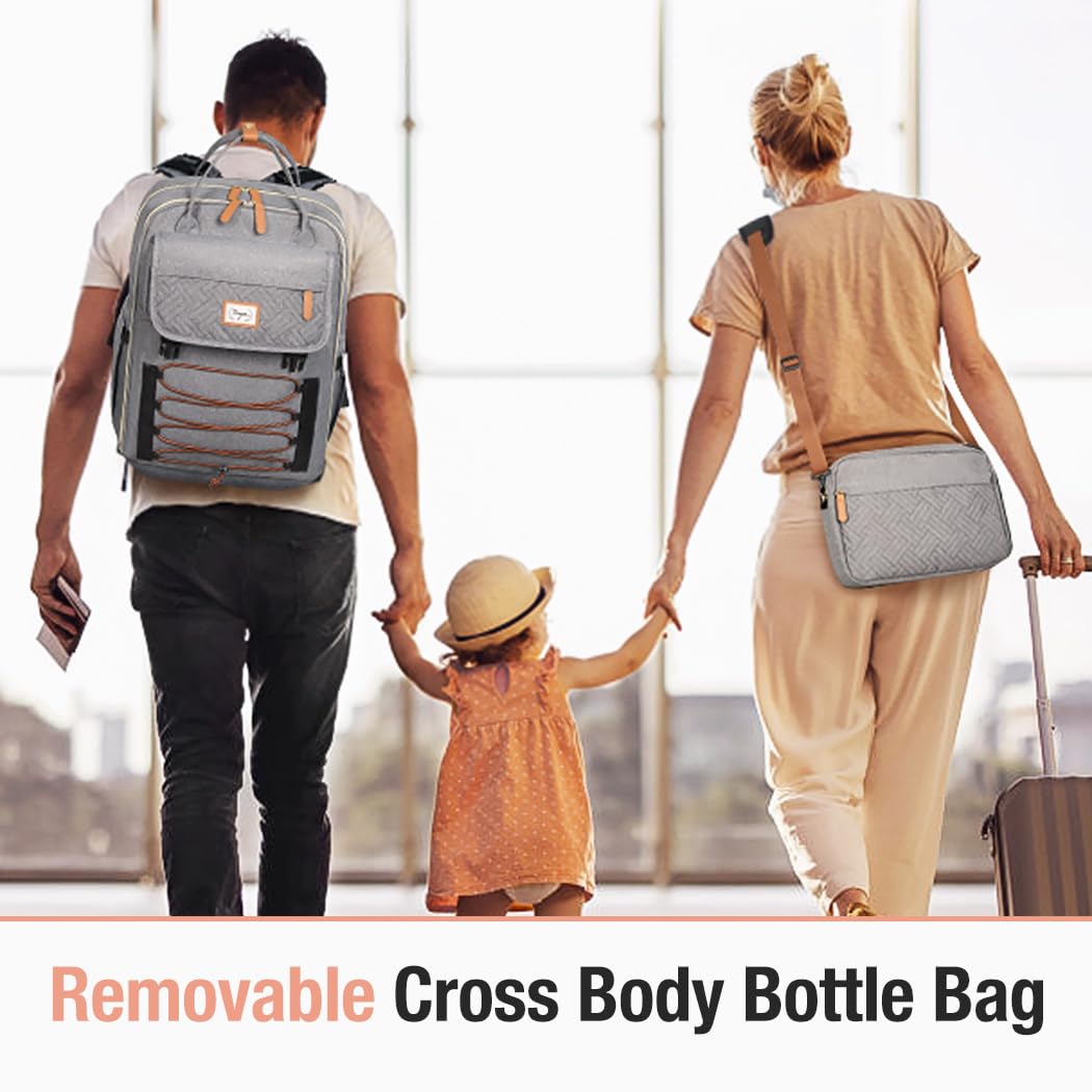 Tonyeee Diaper Bag Backpack- Removable Cross Body Bottle,Travel Essentials Baby Bag with Extras Cooler Bag and Changing Pad,Stylish Nappy Bag-Grey
