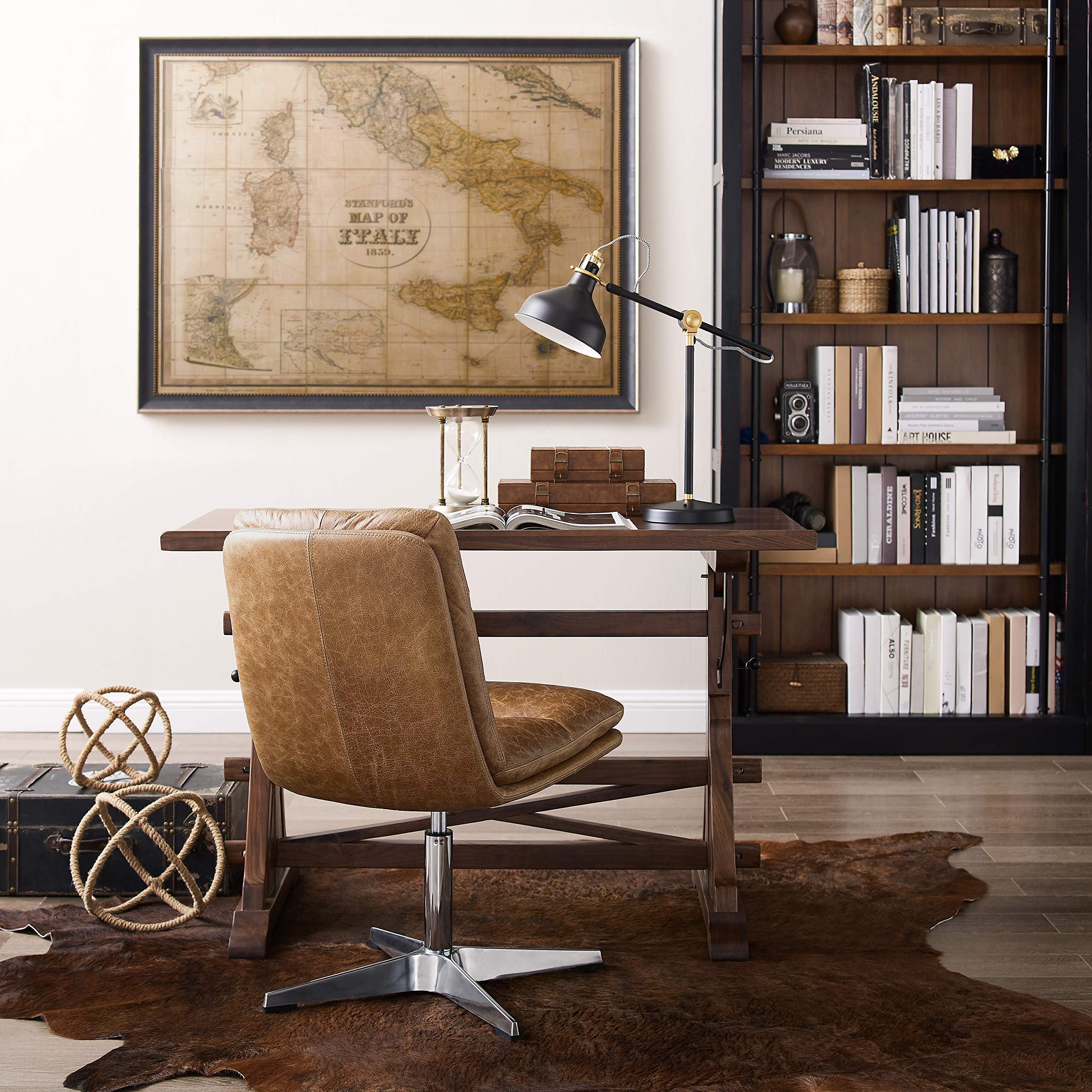 Volans Mid Century Modern Genuine Leather Swivel Home Office Desk Chair with Aluminum Alloy Base