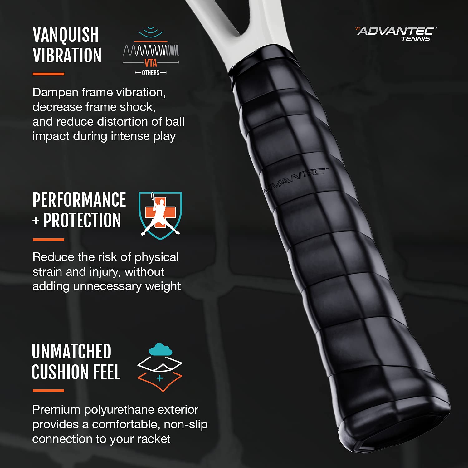 Vibration Dampening Tennis Racket Grip Tape β Advanced Polymer Technology β Dampens Frame Vibration β Simple Adhesive-Free Installation β Optimize Response and Control by VT Advantec