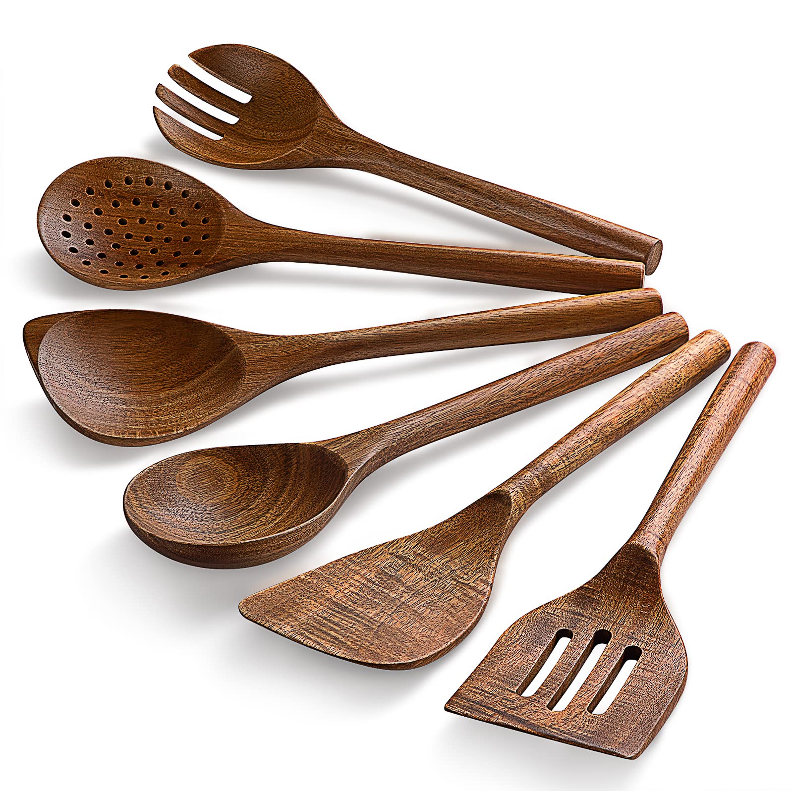 Wooden Spoons Utensils for Cooking Serving 6-Piece 12 Inch Round Handle Acacia Wood Non Stick Set
