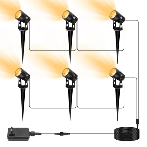 VOLISUN Outdoor Uplight Landscape Spotlight with Transformer, Low Voltage Landscape Lighting with Stakes 6Pack (Metal Material) for House, Flags, 131.2ft Cable IP65 Waterproof Warm White