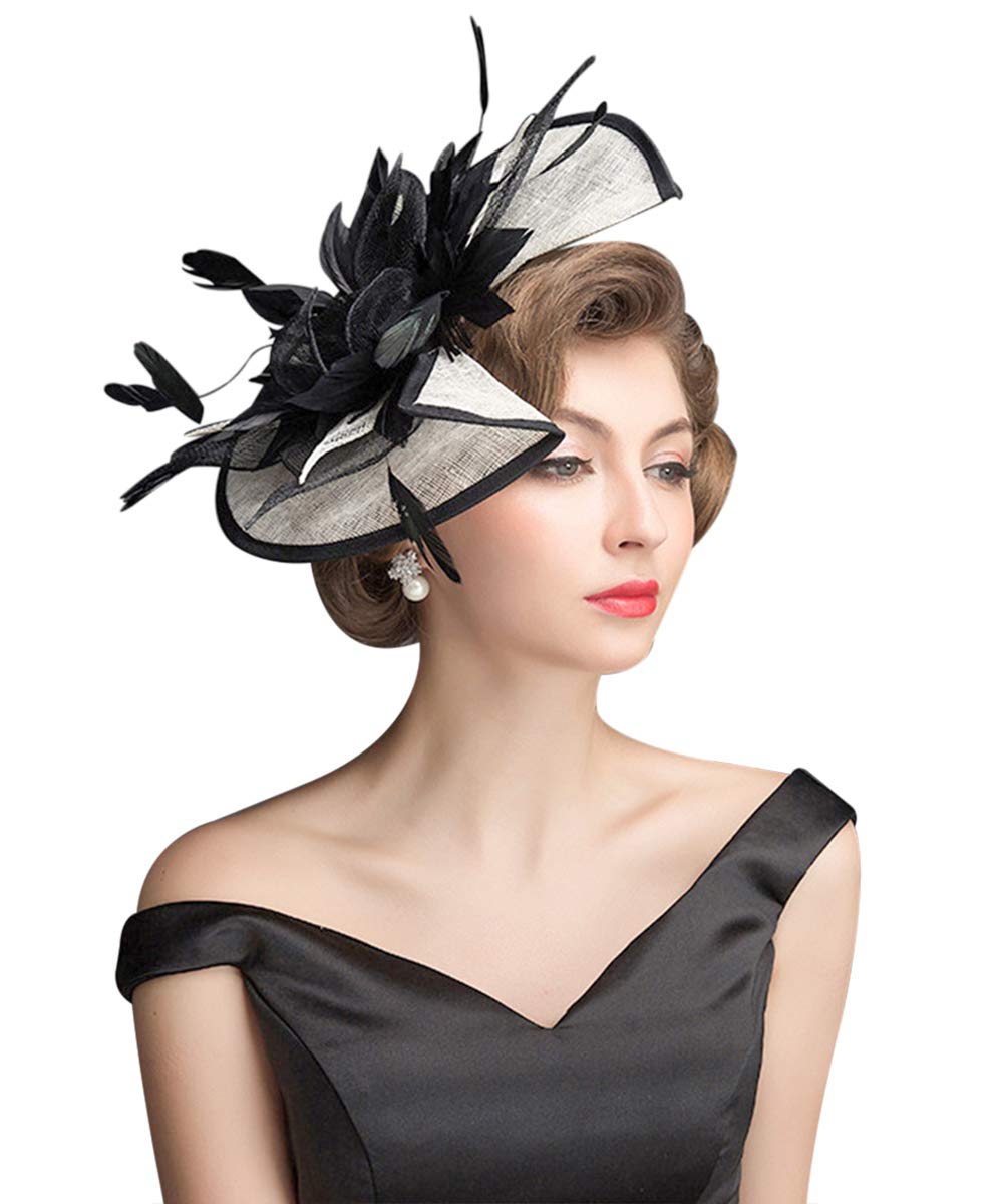 Z&X Sinamay Fasciantor Derby Church Hats for Women Floral Feather Wedding Tea Party Headpiece with Headband Clip Black and White